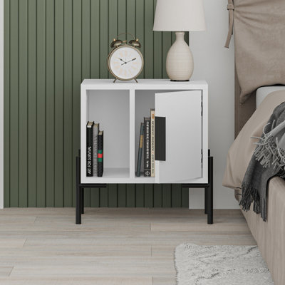 Decortie Modern Glynn Bedside Table White w Black Metal T Legs 48 D cm Nightstand 1