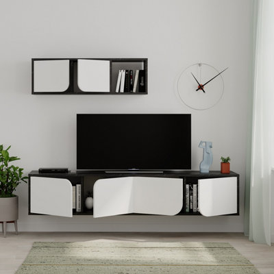 Decortie Spark Modern Tv Unit Black Marble Effect White With Wall ...