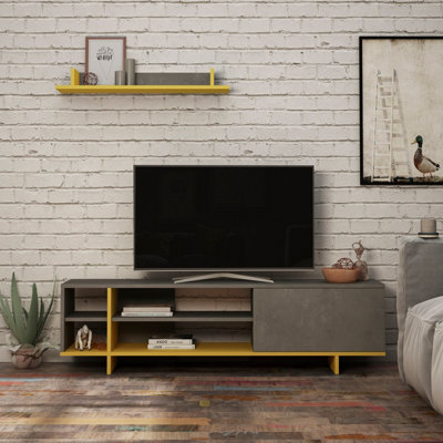 Decortie Stockton Modern Tv Unit Retro Grey Mustard With Storage And ...