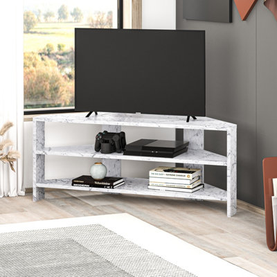 Decortie Thales Corner Modern TV Unit Multimedia Centre White Marble Effect 110cm