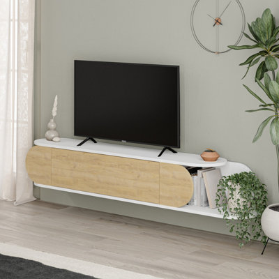 Decortie Tone Floating Modern TV Unit with 1 Drop Door Storage White Oak 180cm