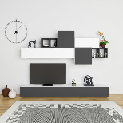 Decortie Tromen Modern Tv Unit White Anthracite Grey With Wall Storage ...