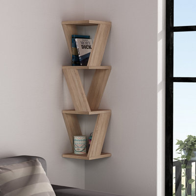 Decortie Zena Corner Wall Mounted Modern Bookcase Display Unit Oak W ...