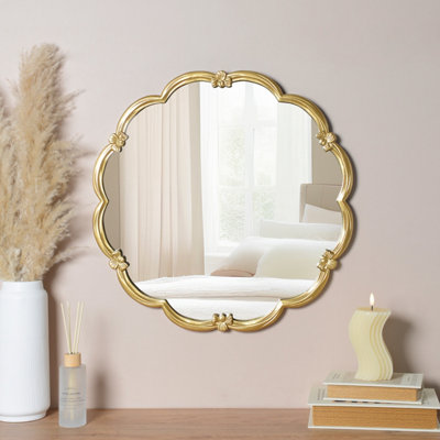DEENZ Scalloped Design Wall Mount Mirror Golden Finish Edges Glass MDF ...