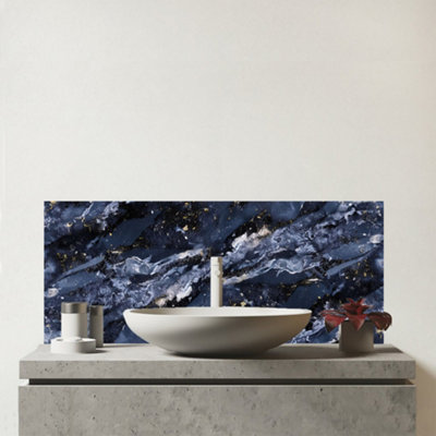 Deep Ocean Blue Quartz Effect Glass Bathroom Splashback
