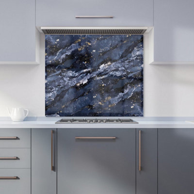 Deep Ocean Blue Quartz Effect Premium Glass Kitchen Splashback W600mm x ...