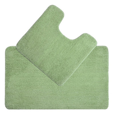 Deep Pile Microfibre Non Slip Bath Mat Set - Fern Green