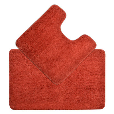 Deep Pile Microfibre Non Slip Bath Mat Set - Terracotta
