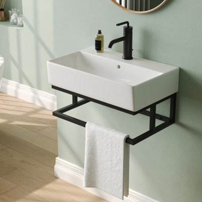 DeerValley Wall Mounted Bathroom Sink with Towel Bar, White Floating ...