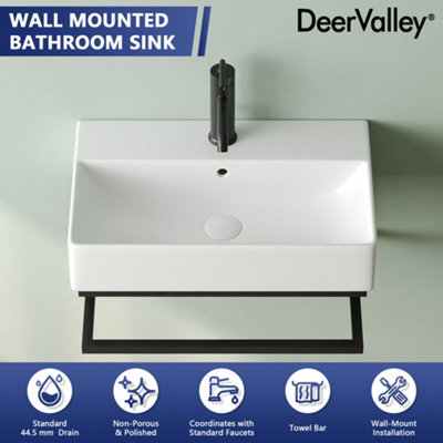 DeerValley Wall Mounted Bathroom Sink with Towel Bar, White Floating ...