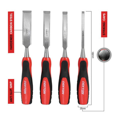 Dekton 4pc Wood Chisel Set Woodworking Carpentry Bevel Edge 6mm 13mm 19mm 25mm