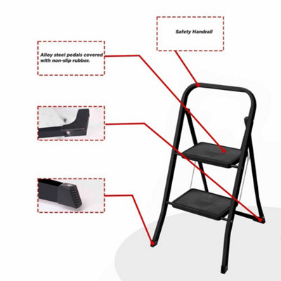 Dekton Folding Metal 2 Step Ladder Portable Wide Steps Non Slip Rubber ...