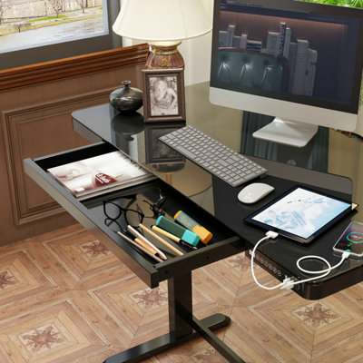 Dellonda Black Electric Adjustable Standing Desk with USB & Drawer ...
