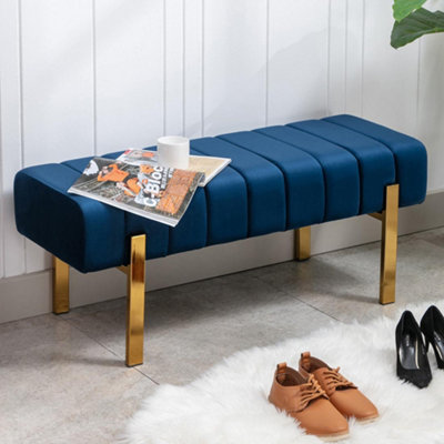 DENBY MODERN VELVET OTTOMAN FOOTSTOOL BEDROOM LIVINGROOM BENCH (Blue ...