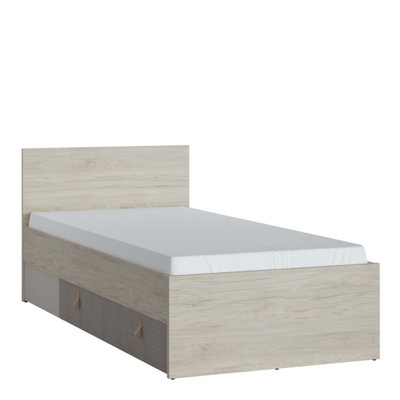 Denim 90cm Bed with 1 Drawer in Light Walnut, Grey Fabric Effect and ...