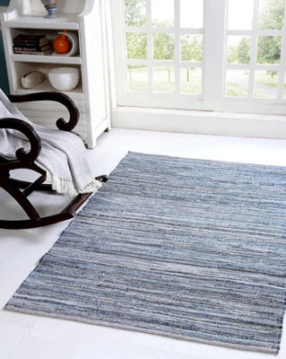 DENIM Blue Rug Washable Cotton Flat Weave / 90 cm x 150 cm