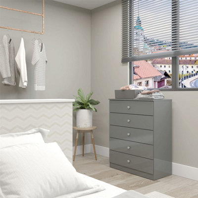 Denver Grey Gloss 5 Drawer Chest of Drawers Bedroom Furniture Storage
