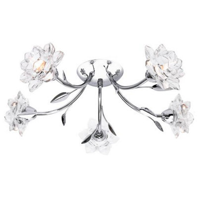 Designer 5 Arm Polished Chrome Ceiling Light Fixture with Floral Glass ...