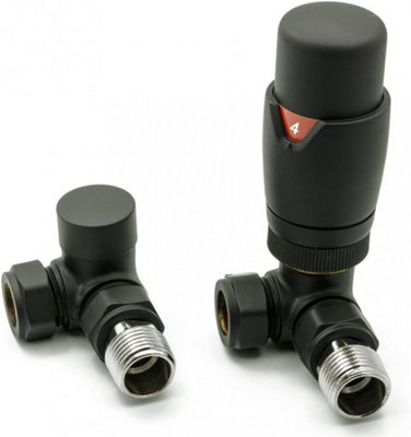 Designer Black Thermostatic Radiator Valve Twin Pack TRV Black Corner ...