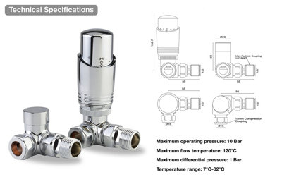 Designer Chrome Thermostatic Radiator Valve Twin Pack TRV Corner 15mm