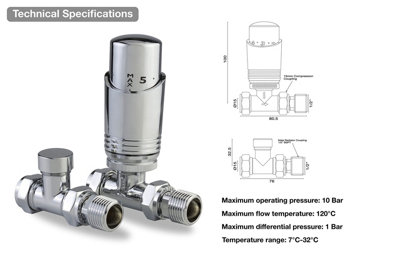 Designer Chrome Thermostatic Radiator Valve Twin Pack TRV Straight 15mm