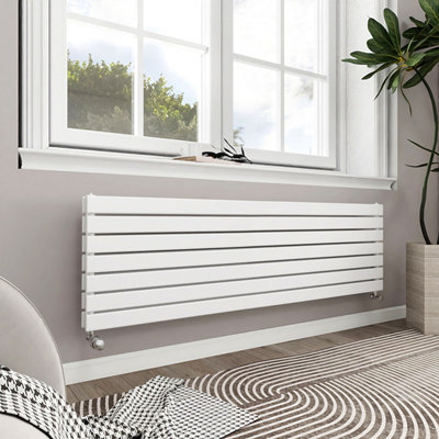 Designer Radiator Horizontal 476x1600mm White Flat Double Panel Central ...