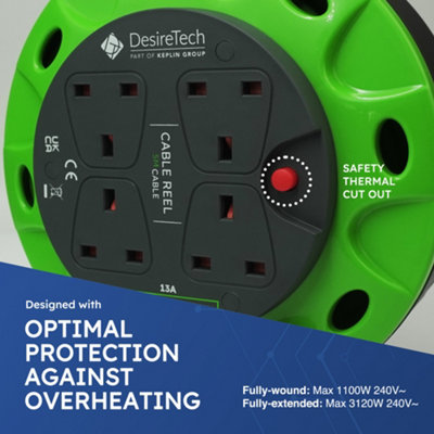 Desiretech Heavy-Duty Portable Cable Reel Extension Lead with 4 ...