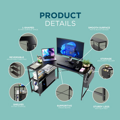 DeskMate Reversible L-Shaped Computer Desk with Storage Shelves ...