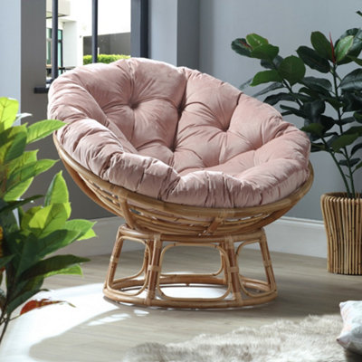 Desser Indoor Natural Rattan Papasan Chair with Cushion Adjustable Natural Cane Wicker Seat with UK Made Cushion in Velvet Blush