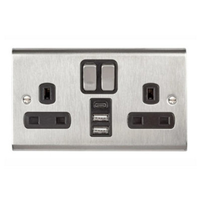 Deta SD1288SSB Slimline Twin 13 Amp Switch Socket c/w 3 x USB Stainless ...