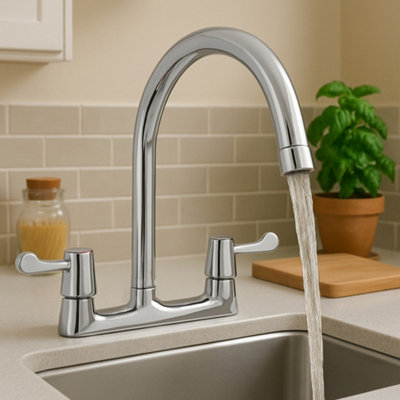 Deva Lever Action Deck Mounted Kitchen Sink Mixer Tap Chrome Swivel ...