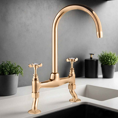 Deva Traditional Gold Bridge Kitchen Mixer Tap Deck Mounted Coronation ...