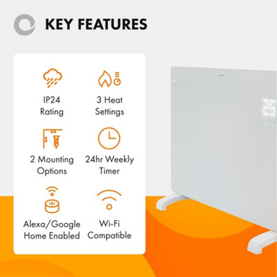 Devola Designer 2kW Smart Glass Panel Heater with Timer White - DVPW2000WH