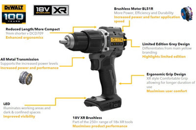 Dewalt DCD100P2T Black 18v XR Brushless Compact Combi Hammer Drill 100 Year