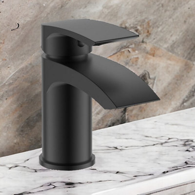 Dezine Amur Black Basin Mixer with Push Button Waste