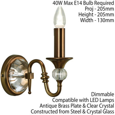 Diana Luxury Single Curved Traditional Wall Light Antique Brass Crystal ...