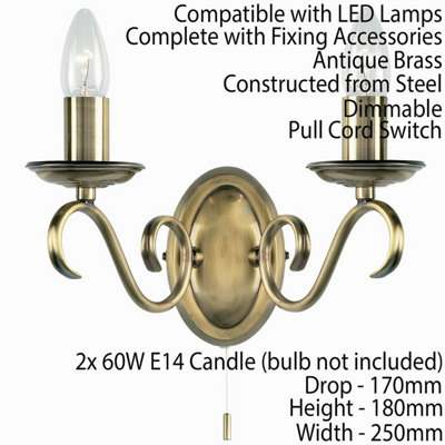 Dimmable LED Twin Wall Light Antique Brass Vintage 2x Bulb Lounge Lamp ...