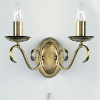 Dimmable LED Twin Wall Light Antique Brass Vintage 2x Bulb Lounge Lamp ...