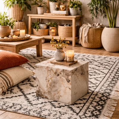 Dingle Pandora Brown Marble Effect Side Table, Sculptural Cube 400mm