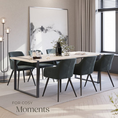 Dining Chair Marilyn - with armrests, padded, velvet look, black steel legs - grey/black, Set of 6