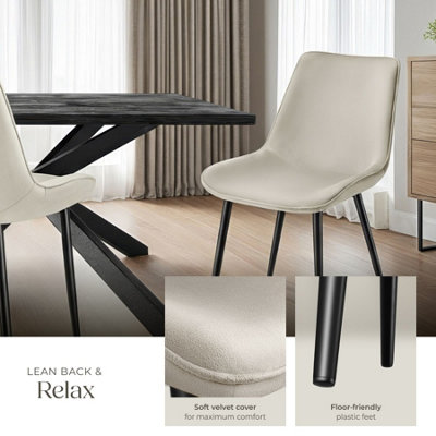 Dining Chair Monroe - padded, velvet look, ergonomic seat, black steel legs - cream