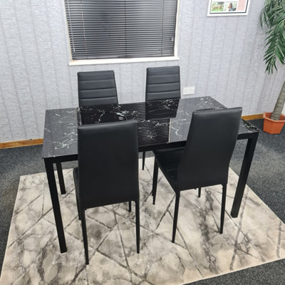 Dining Table and 4 Chairs Black Marble Effect Glass 4 Leather Black Chairs Dining Room Furniture