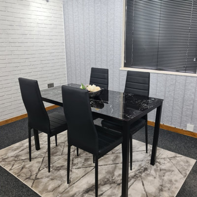 Dining Table and 4 Chairs Black Marble Effect Glass 4 Leather Black Chairs Dining Room Furniture