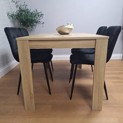 Dining Table and 4 Chairs Oak Effect Wood 4 Black Velvet Chairs Dining Room