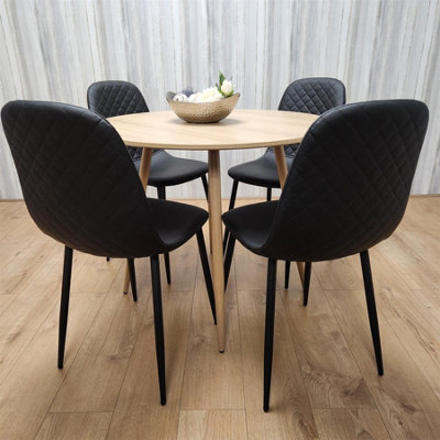 Dining Table and 4 Chairs Round Wood Effect 4 Black Leather Chairs ...