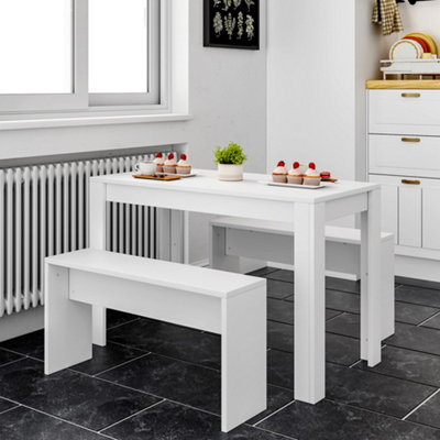 Dining Table and Chairs Set of 3 White Modern Dining Table and Benches ...