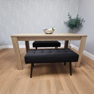 Dining Table Set Oak Effect Table With 2 Black Velvet Benches Dining ...