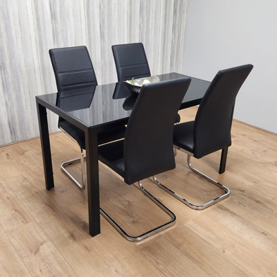 Dining Table Set of 4 Black Table and Faux Leather Padded Chrome Black ...