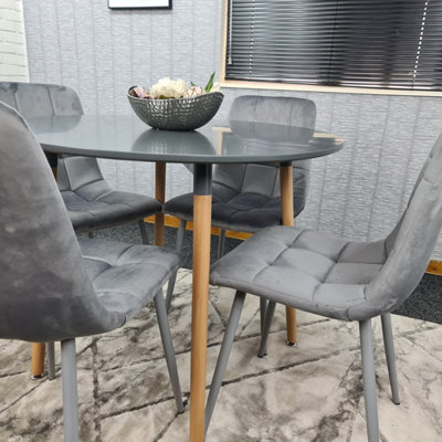 Dining Table Set Of 4 Round Grey Dining Table And 4 Grey Velvet Tufted ...