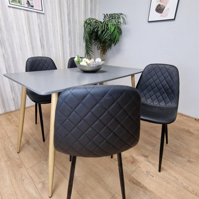 Dining Table Set of 4 Wooden Grey Table with 4 Black Gem Patterend Chairs